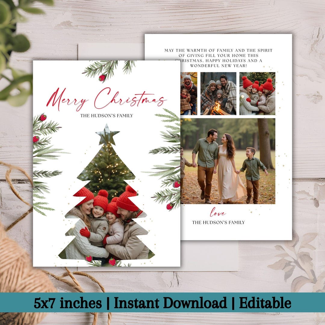 Editable Christmas Photo Collage Card Template, Modern Vertical Holiday ...