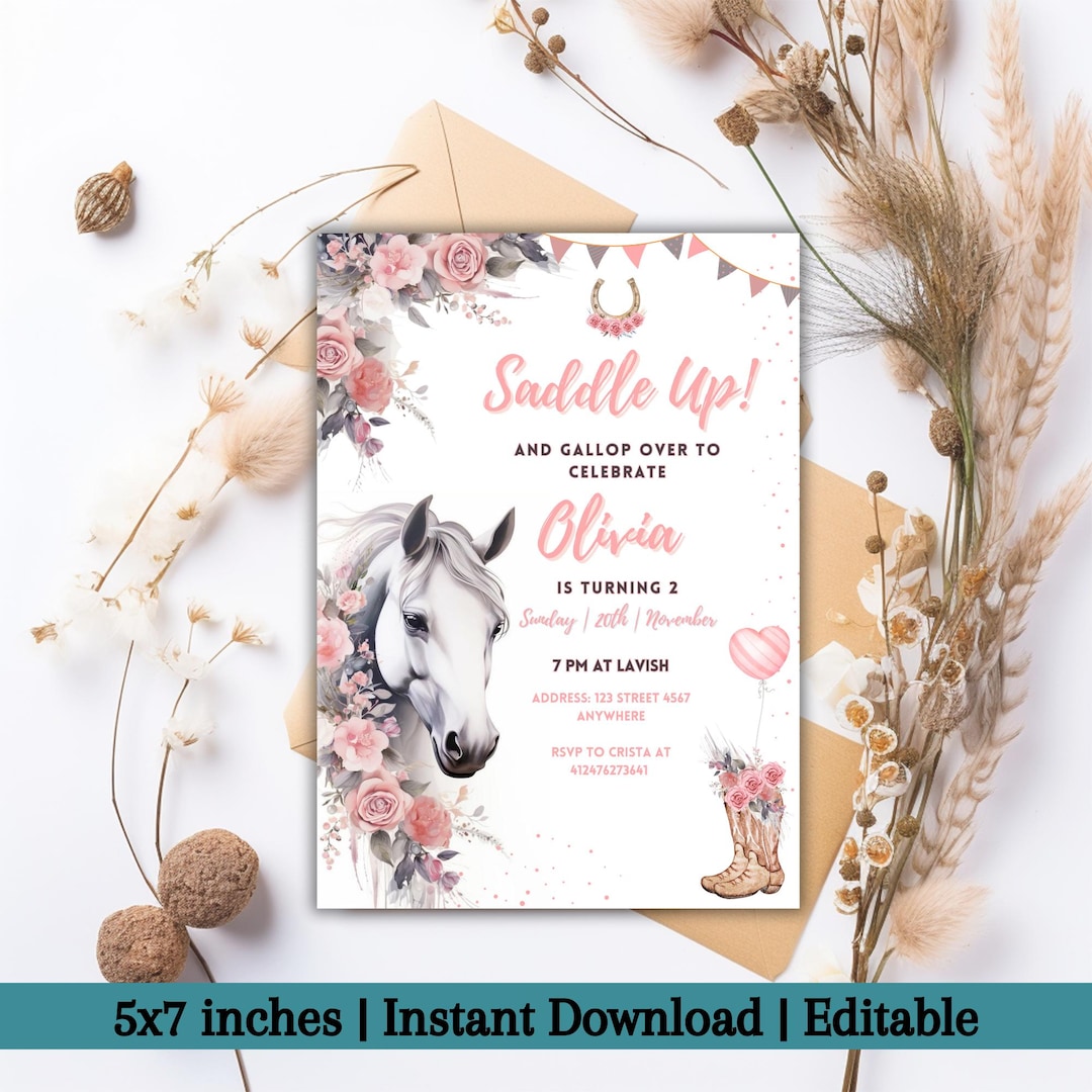 Editable Horse Birthday Invitation, Girl Saddle up Invite, Cowgirl ...