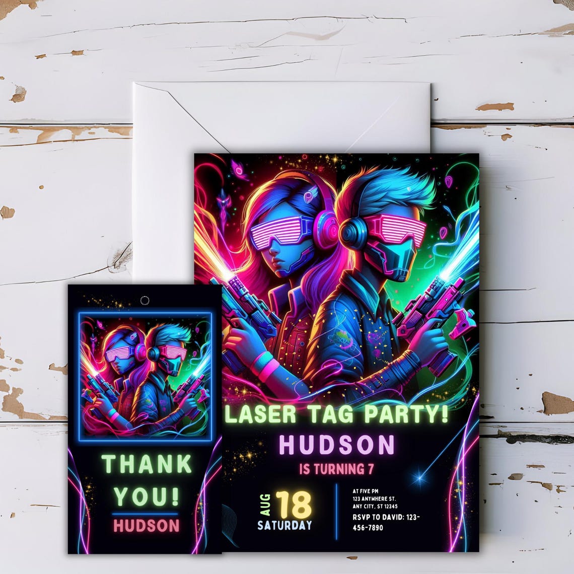 Laser Tag Birthday Invitation With Thank You Tag Template, Neon Red ...