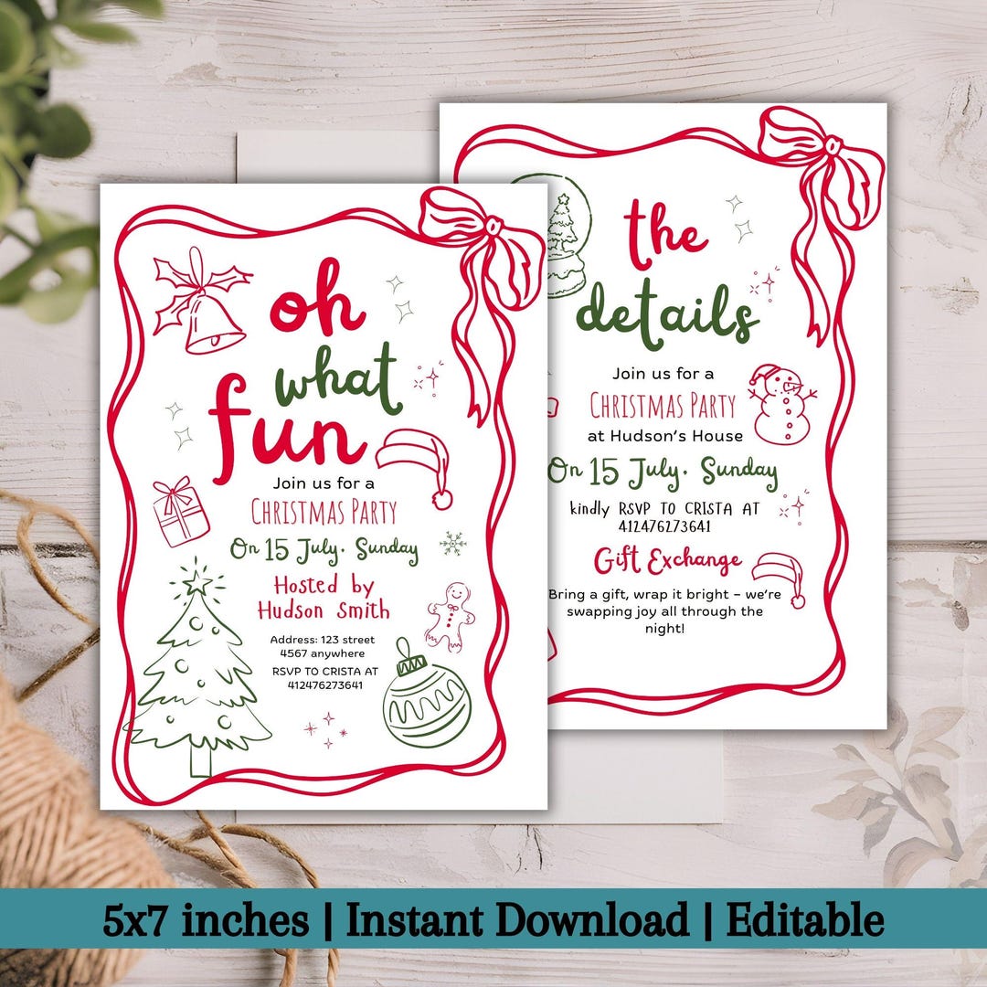 Oh What Fun Christmas Party Invitation, Whimsical Hand Drawn Christmas ...