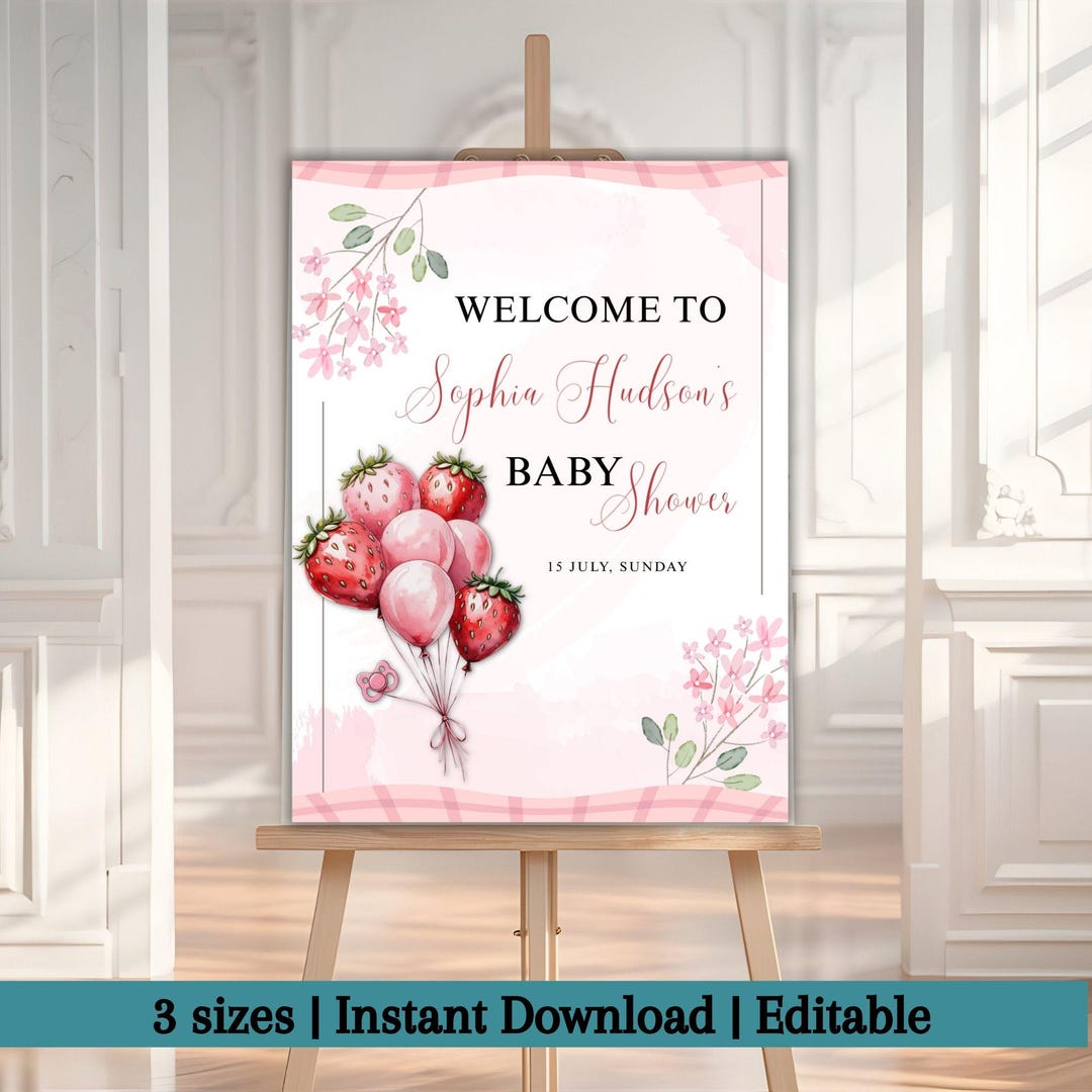 Berry Sweet Baby Shower Welcome Sign | Editable Strawberry Baby Shower ...