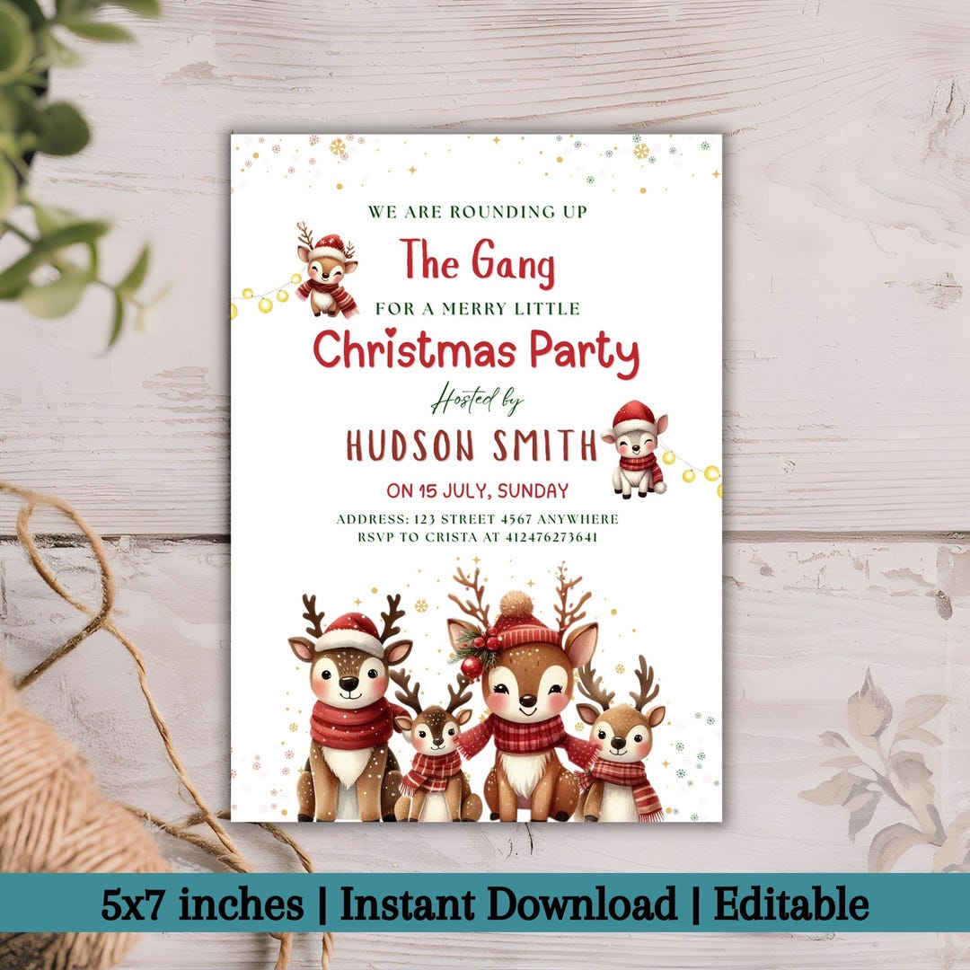Editable Reindeer Christmas Party Invitation | Rounding up the Gang ...