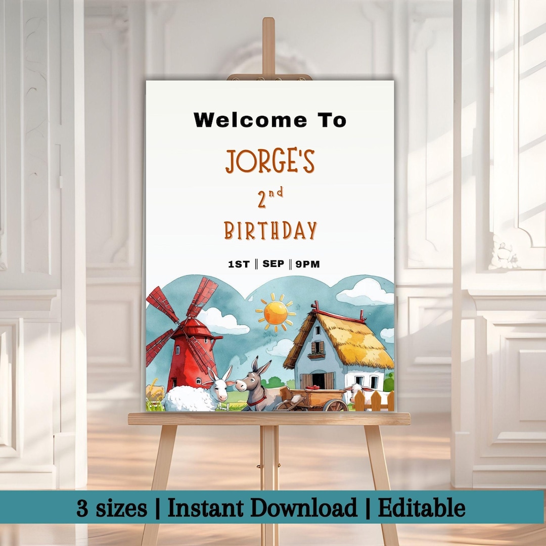Editable Farm Birthday Welcome Sign | Barnyard Animal Party Sign ...