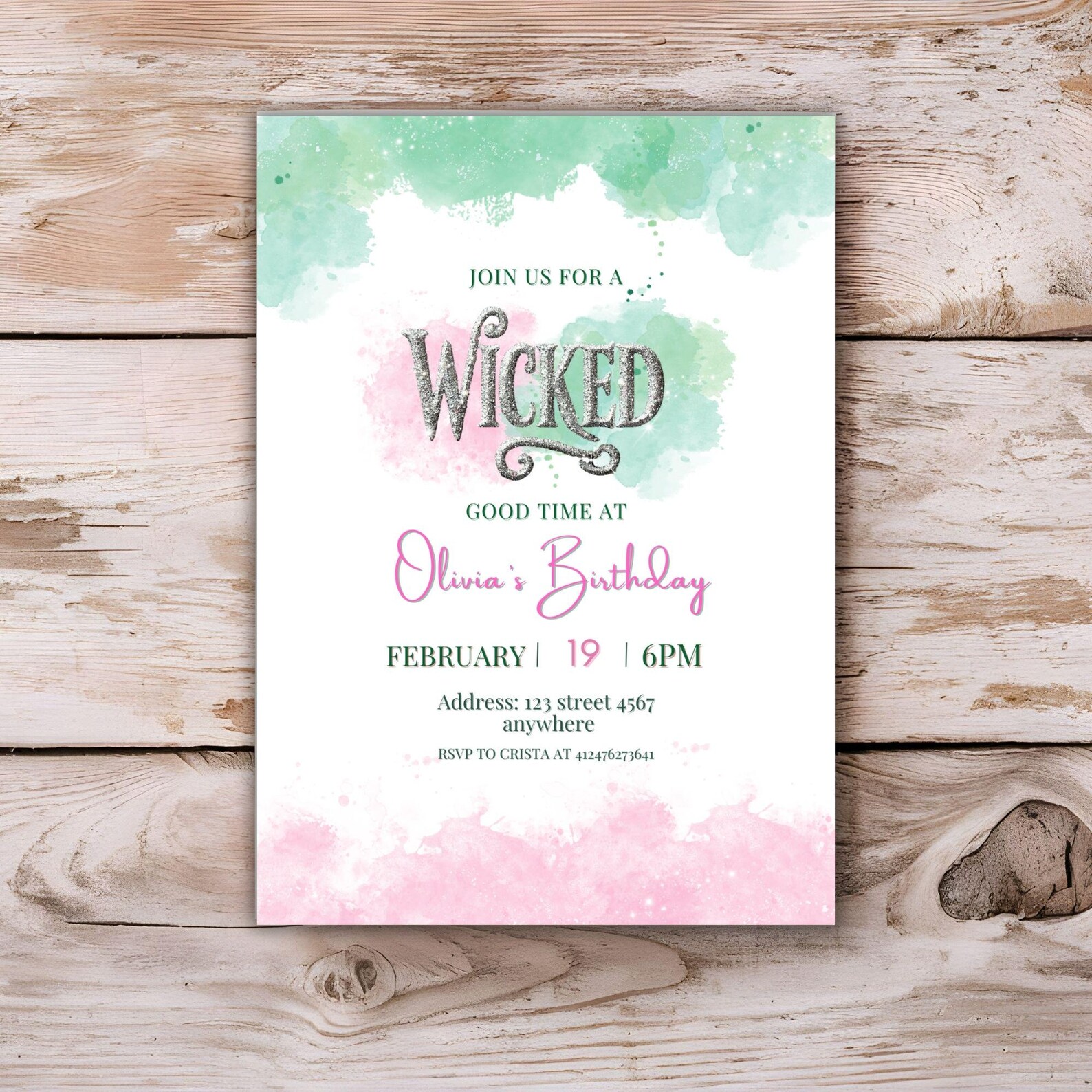 Wicked Theme Birthday Invitation, Green and Pink Wicked Musical ...