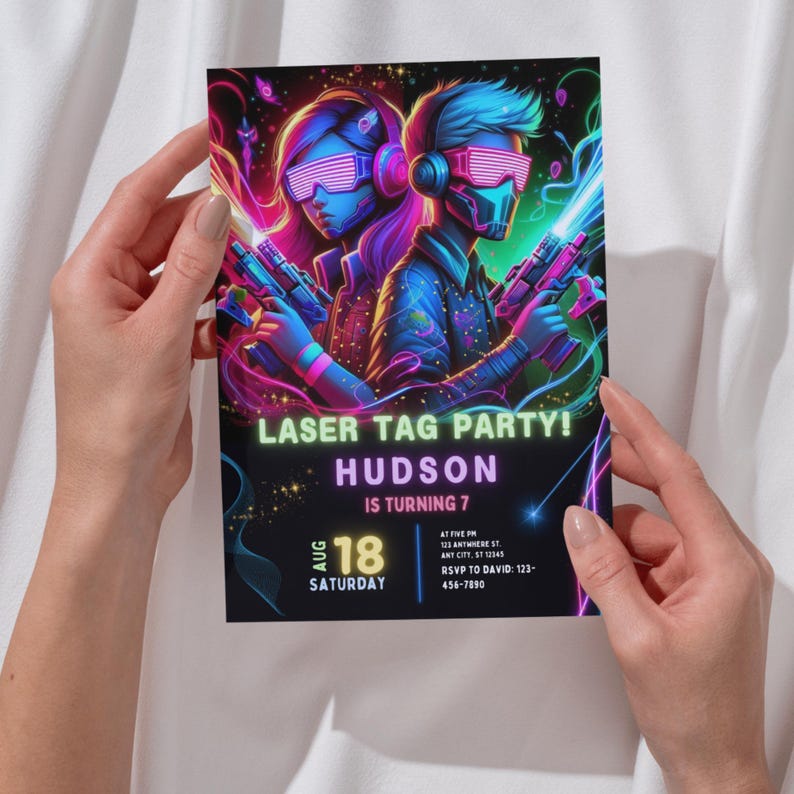 Laser Tag Birthday Invitation With Thank You Tag Template, Neon Red ...