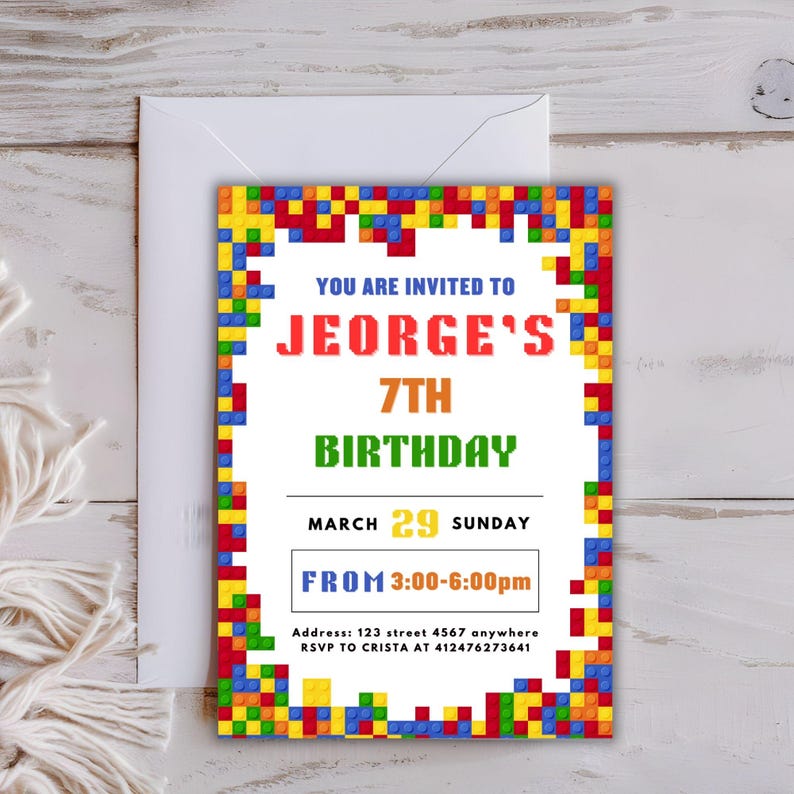Editable Building Blocks Birthday Invitation Template, Colorful Block ...