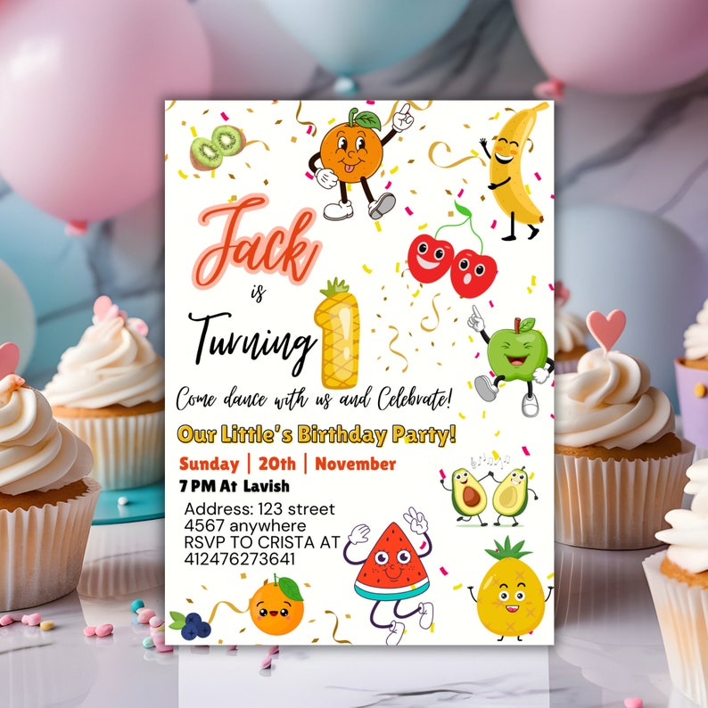 Dancing Fruit Birthday Invitation, Sensory Invitation, Kawaii Party ...