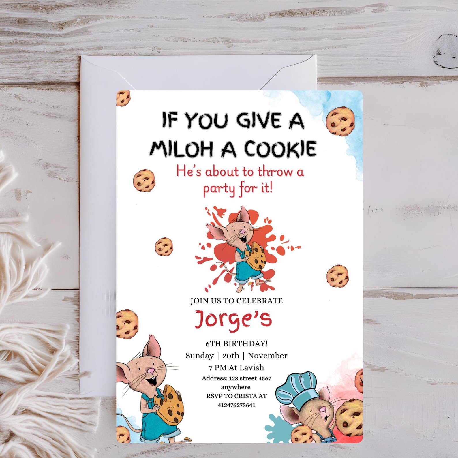 Mouse Cookie Birthday Invite, Book Theme Birthday Invitation, Literary ...