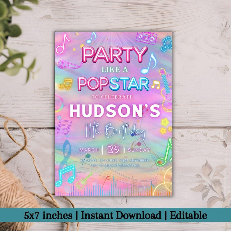 Editable Pop Star Birthday Party Invitation, Glow Singing Music Party ...