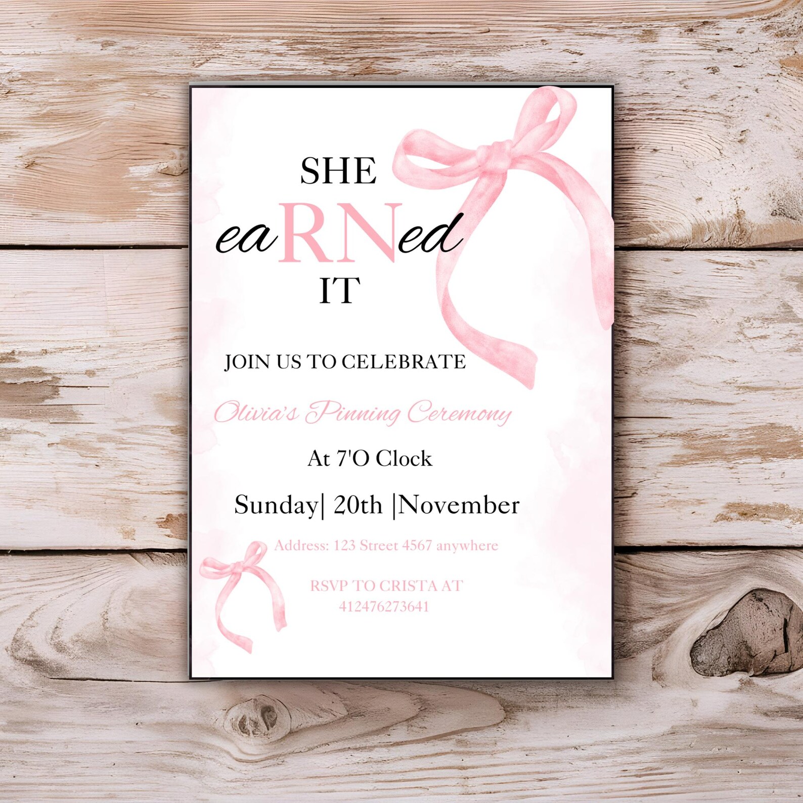 Nursing Graduation Invitation, Pink Bow RN Grad Announcement Nurse ...