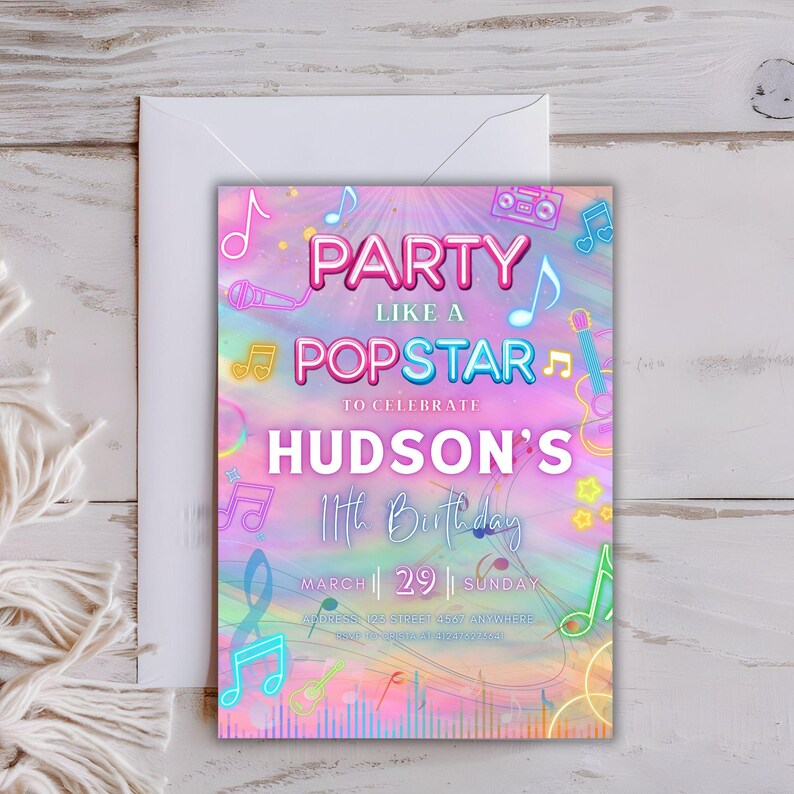 Editable Pop Star Birthday Party Invitation, Glow Singing Music Party ...