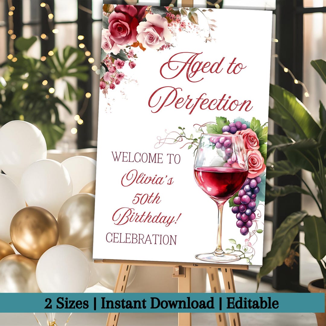 Editable Aged to Perfection Happy Birthday Sign, Wine Theme Party ...