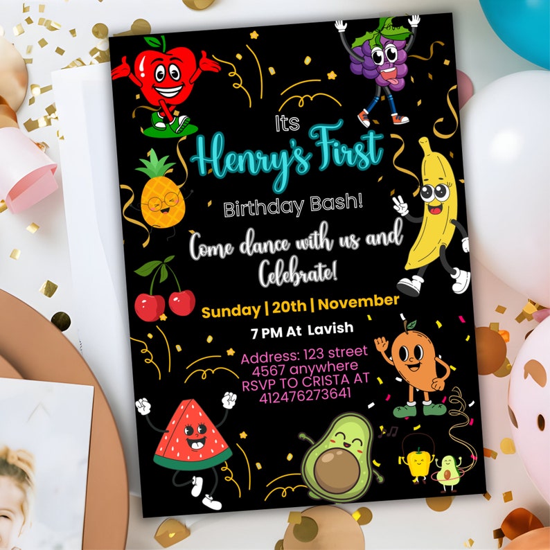 Dancing Fruit Birthday Invitation, Sensory Invitation, Kawaii Party ...