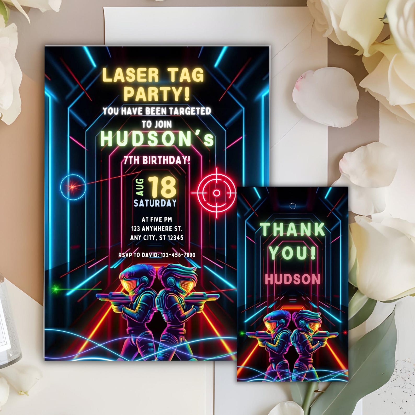 Laser Tag Birthday Invitation With Thank You Tag Template, Neon Red ...