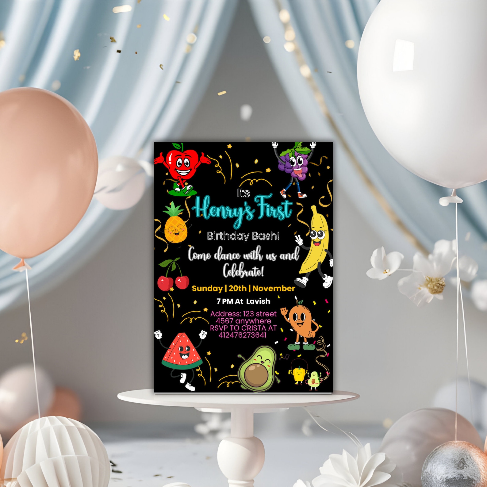 Dancing Fruit Birthday Invitation, Sensory Invitation, Kawaii Party ...