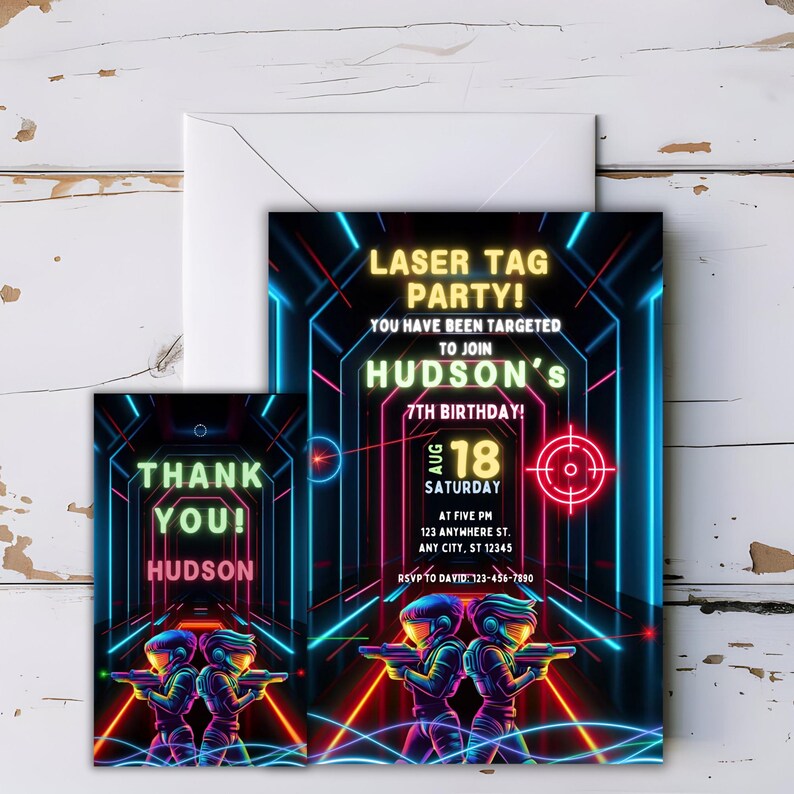 Laser Tag Birthday Invitation With Thank You Tag Template, Neon Red ...