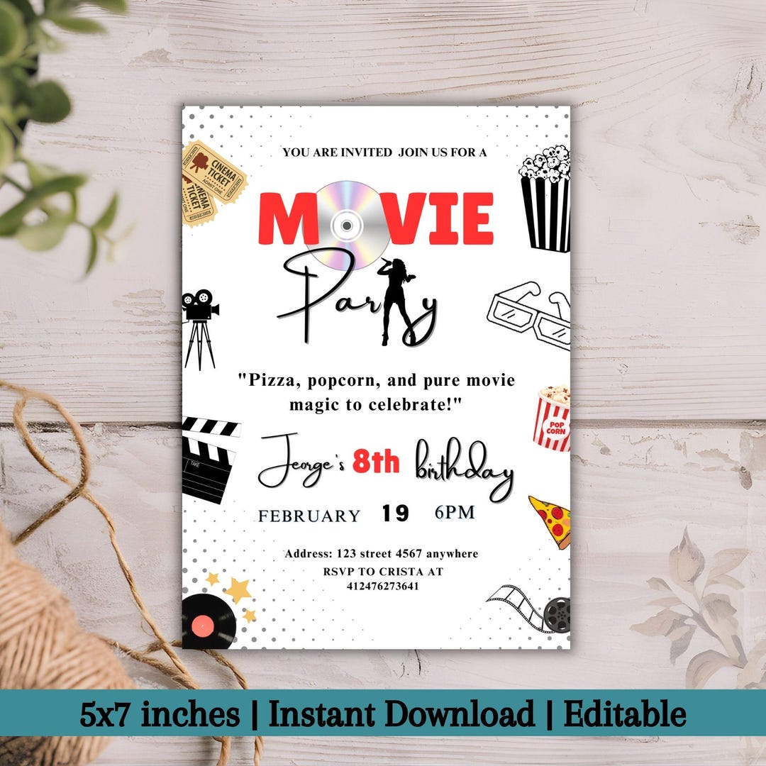 Editable Movie Birthday Invitation, Cinema Movie Party Movie Theatre ...