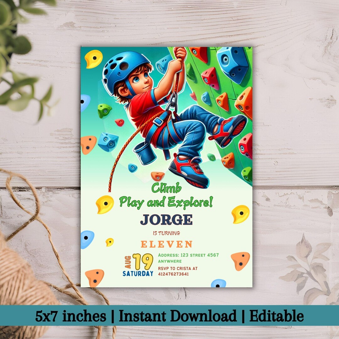 Editable Boy Rock Climbing Birthday Invitation, Climbing Wall ...