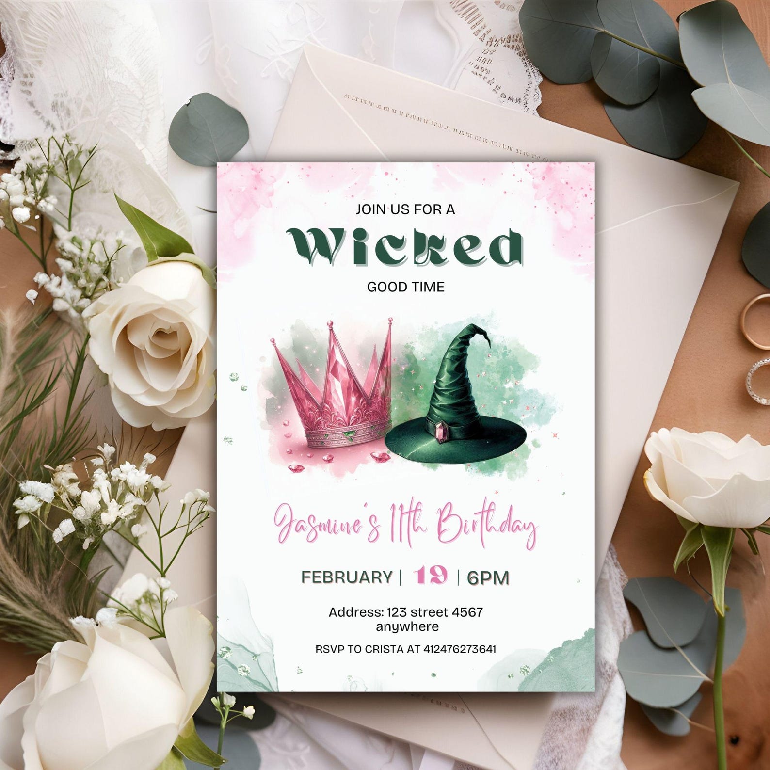 Wicked Theme Birthday Invitation, Green and Pink Wicked Musical ...