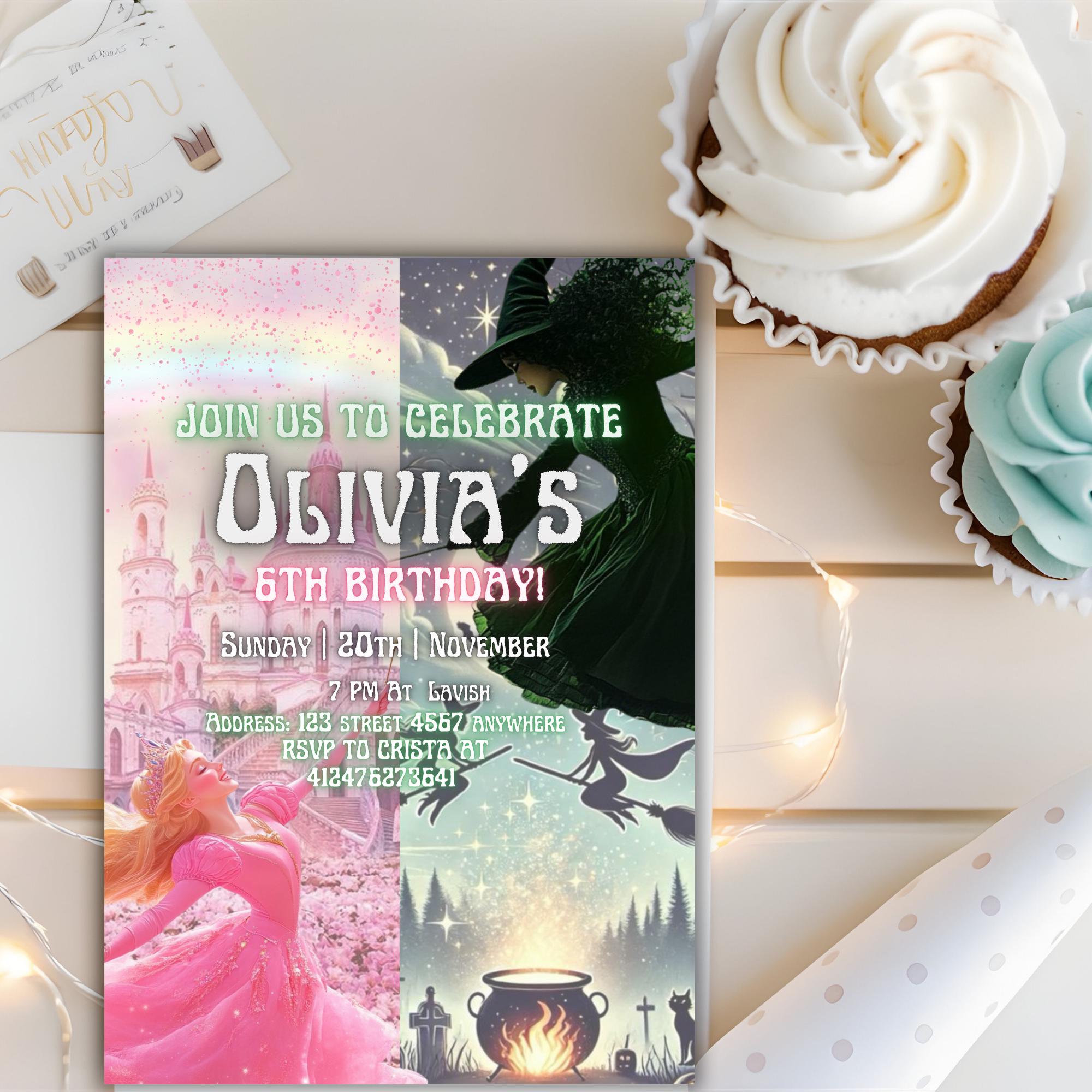 Wicked Theme Birthday Invitation, Green and Pink Wicked Musical ...