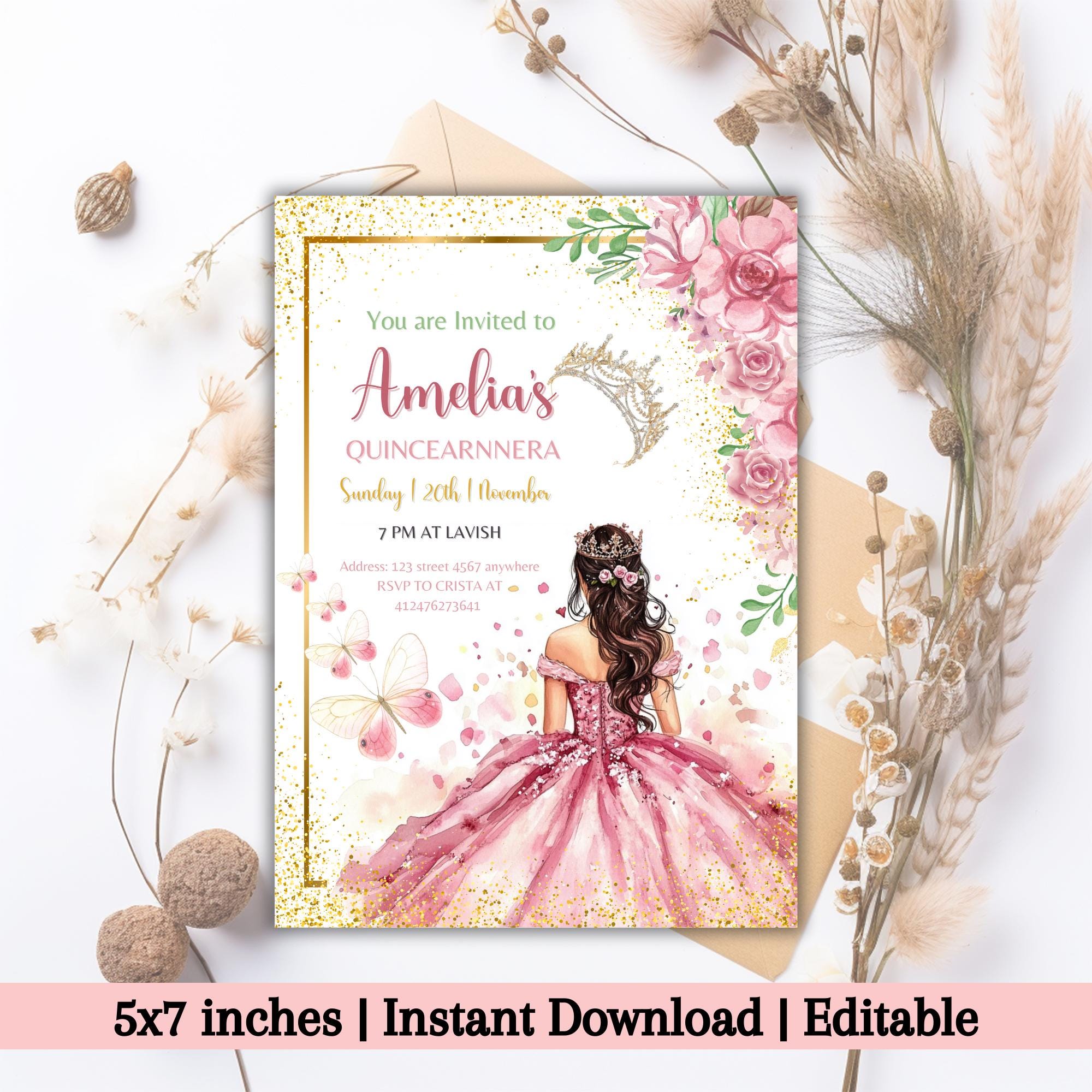 Editable Blush Pink Quinceañera Invitation Template, Floral Mis Quince ...