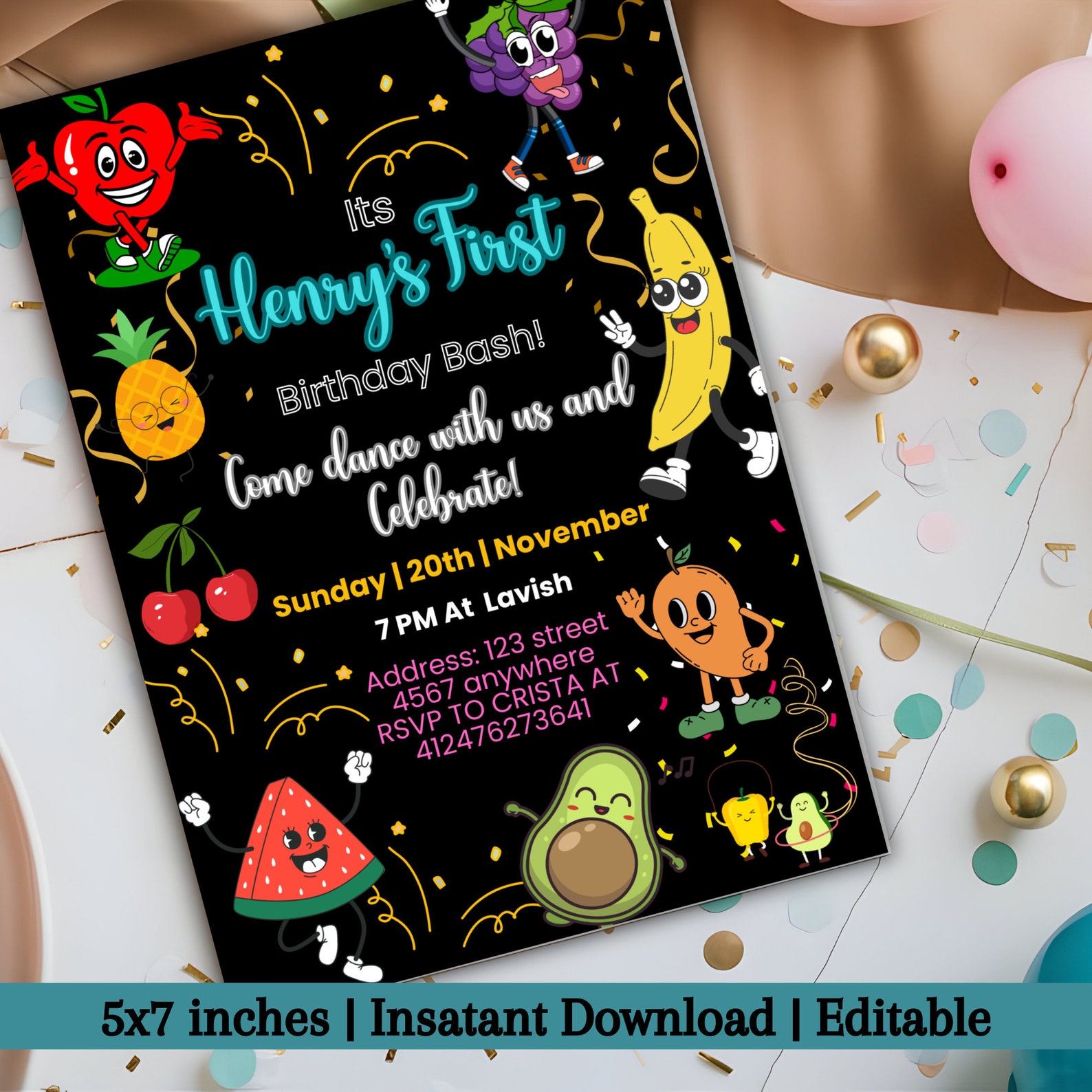 Dancing Fruit Birthday Invitation, Sensory Invitation, Kawaii Party ...