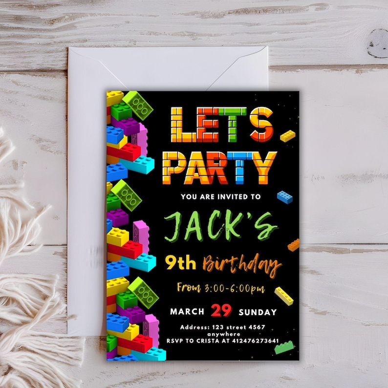 Editable Building Blocks Birthday Invitation Template, Colorful Block ...