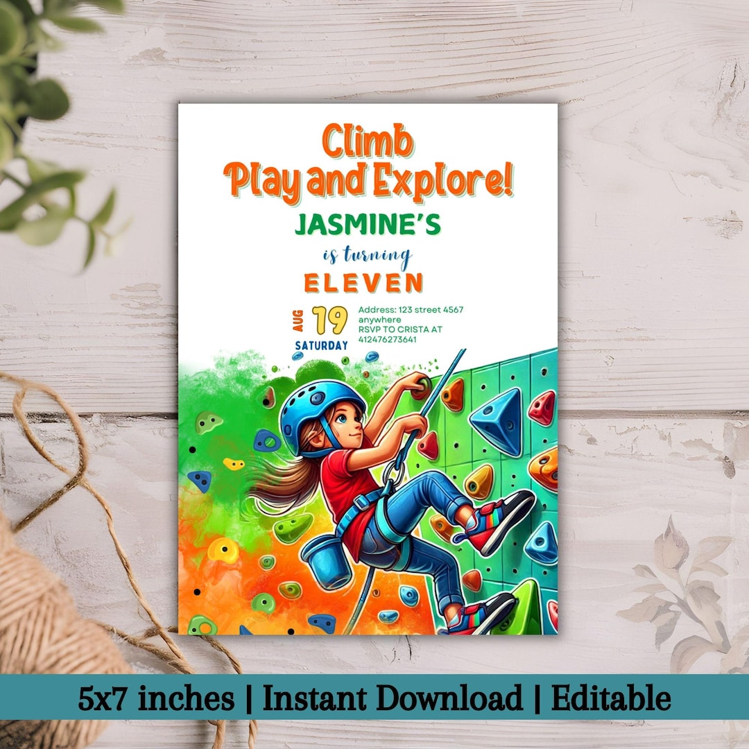 Editable Girl Rock Climbing Birthday Invitation, Climbing Wall ...