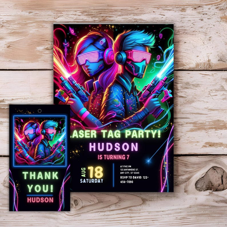 Laser Tag Birthday Invitation With Thank You Tag Template, Neon Red ...