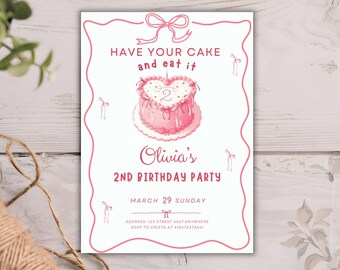 Have Your Cake and Eat It TWO, Canva Template: Second Birthday Party Theme Digital Invitations ...
