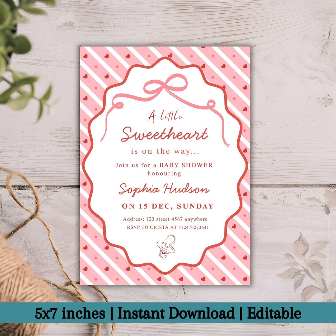 Sweetheart Baby Shower Invitation, Pink Bow Baby Shower Invite, Heart ...