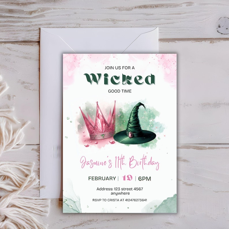 Wicked Theme Birthday Invitation, Green and Pink Wicked Musical ...
