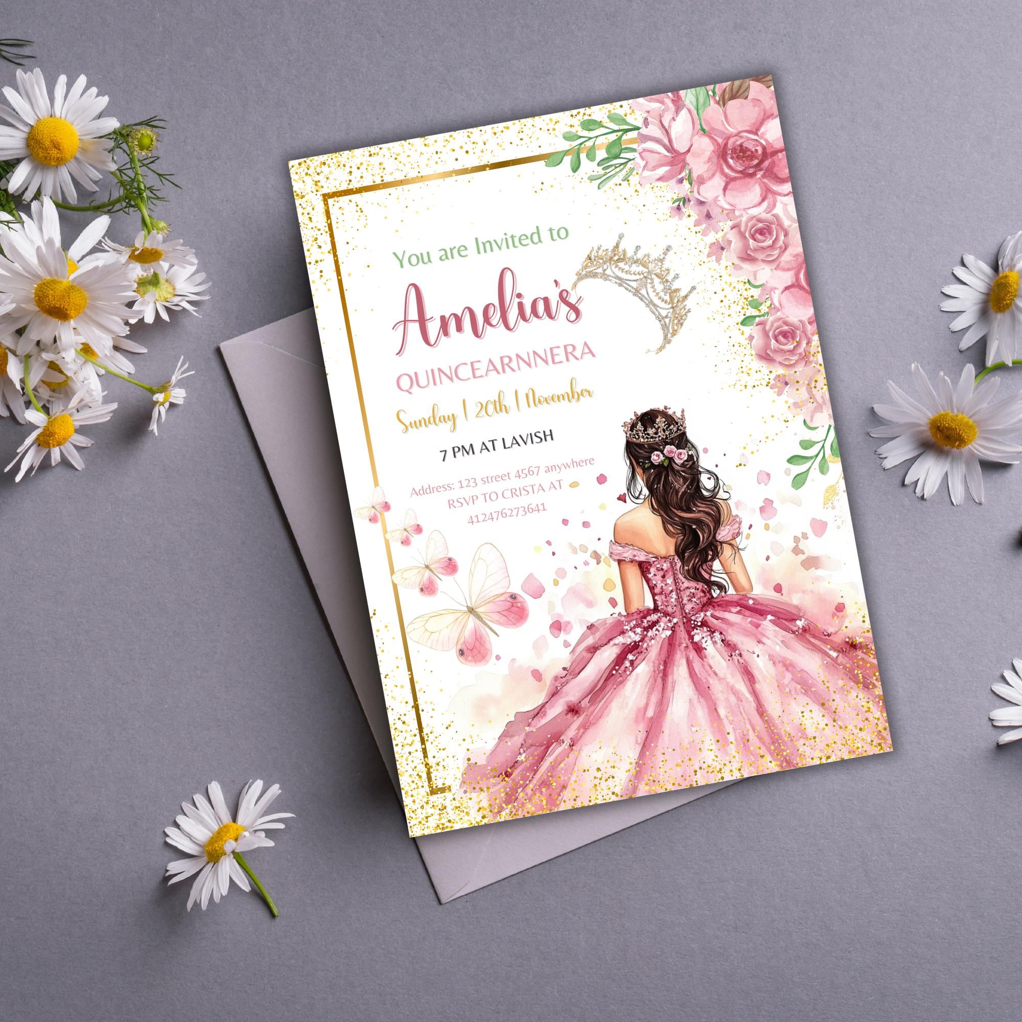 Editable Blush Pink Quinceañera Invitation Template, Floral Mis Quince ...