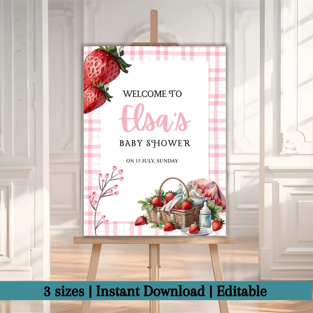 Berry Sweet Baby Shower Welcome Sign | Editable Strawberry Baby Shower ...