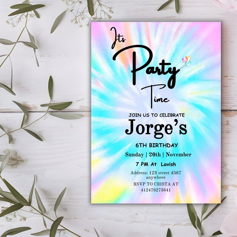 Editable Tie Die Birthday Invitation, Simple Colorful Birthday Invite ...