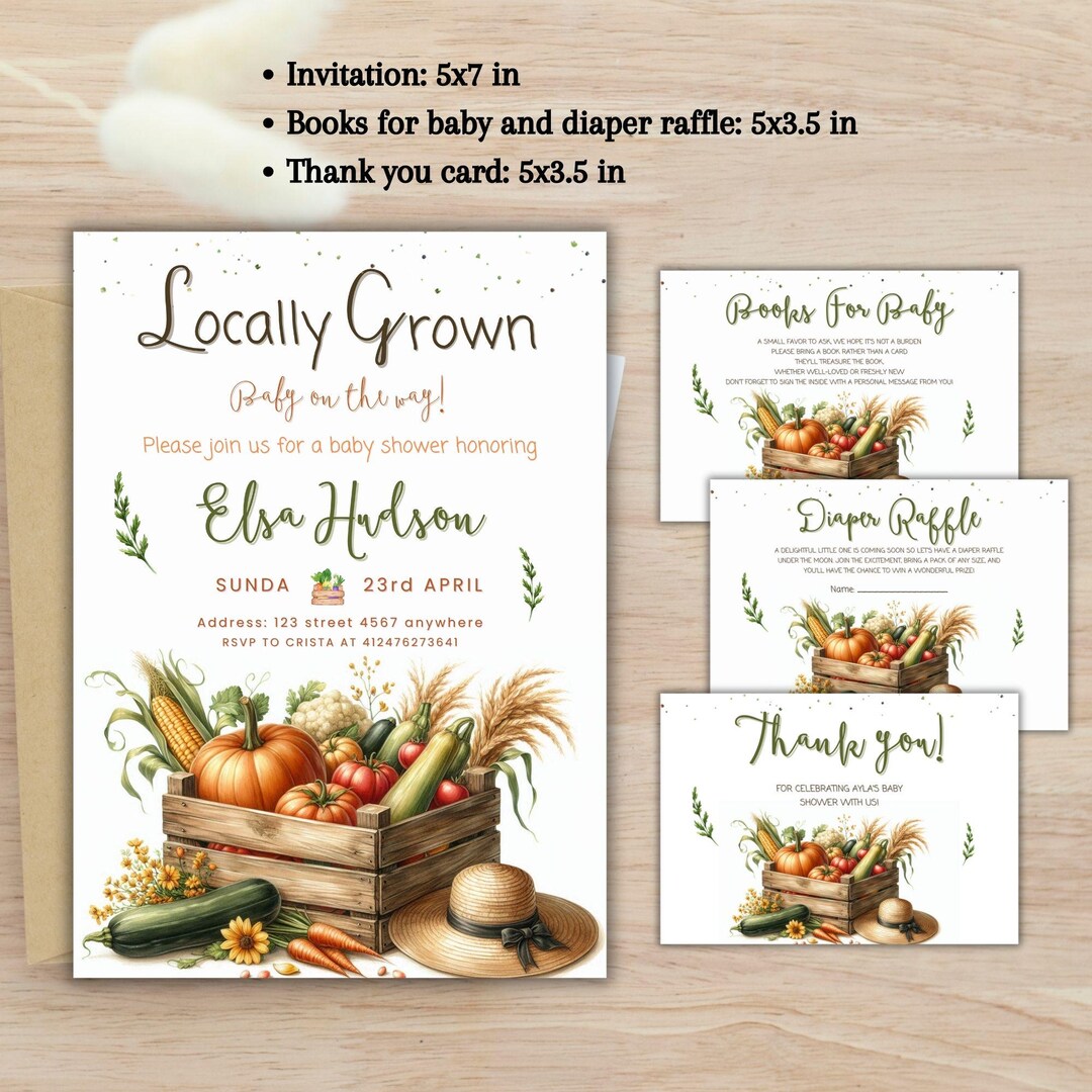 Editable Locally Grown Baby Shower Invitation Set, Vegetables Garden ...