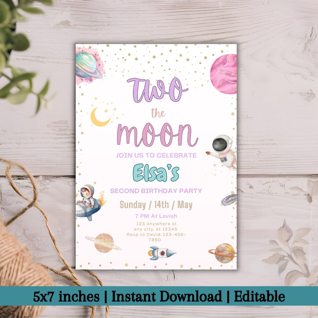 Two the Moon Birthday Invitation Template, Outer Space Birthday ...
