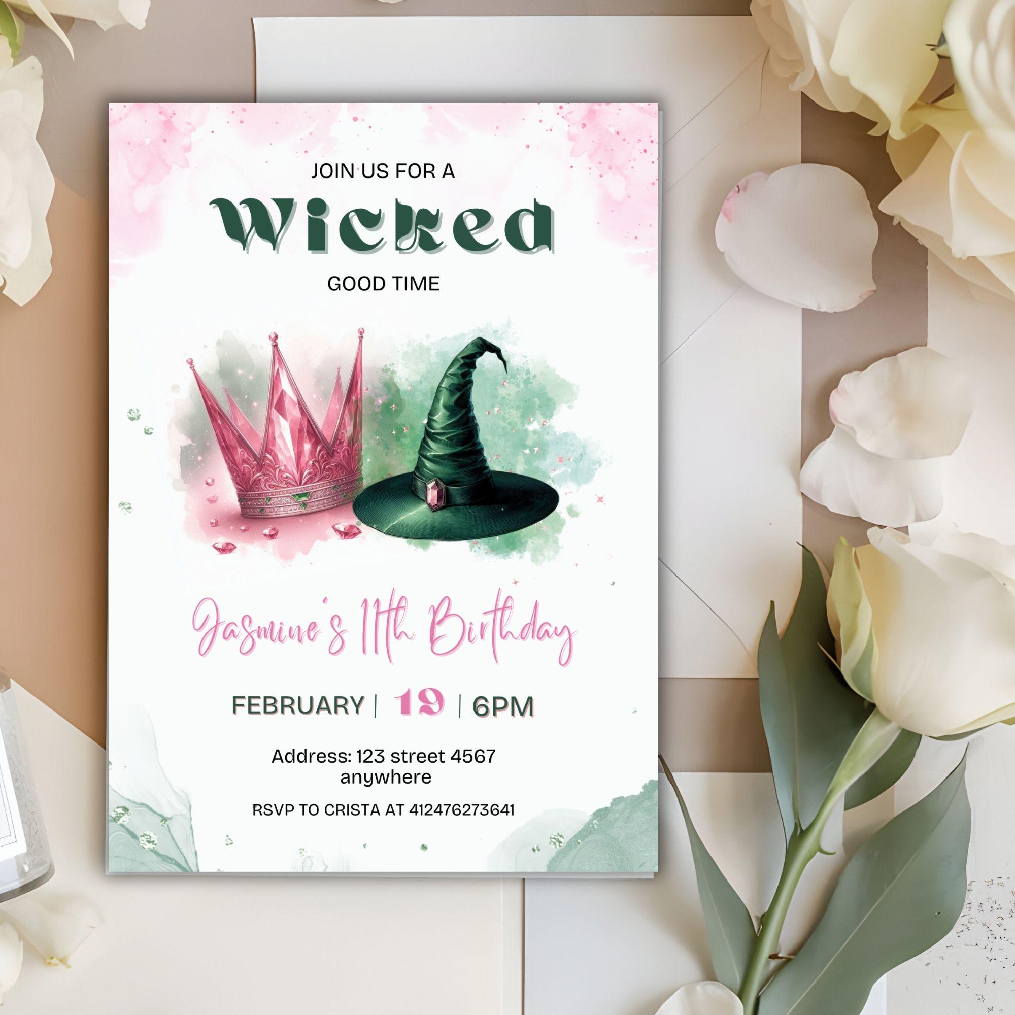 Wicked Theme Birthday Invitation, Green and Pink Wicked Musical ...