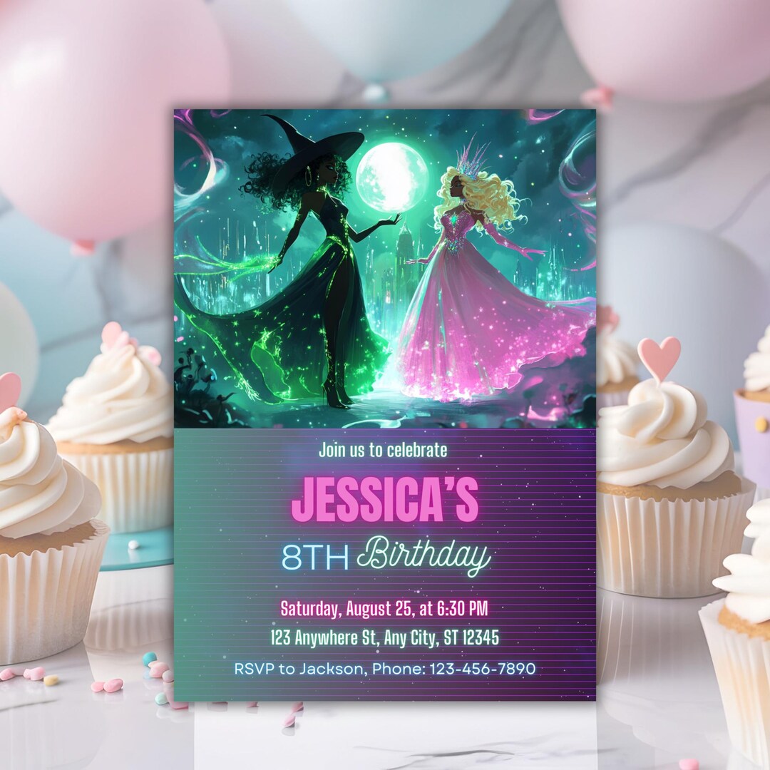 Wicked Theme Birthday Invitation, Green and Pink Wicked Musical ...