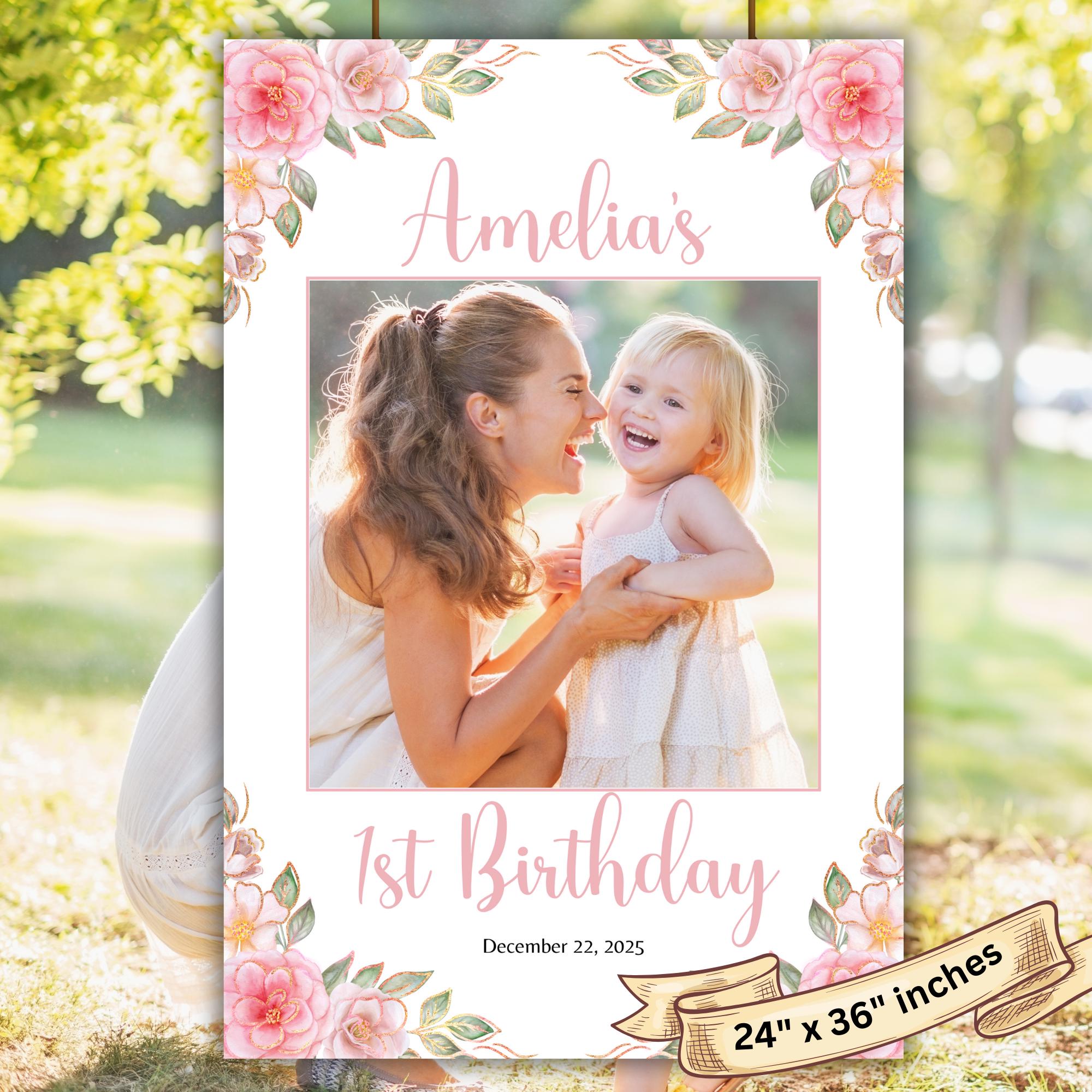 First Birthday Photo Booth Frame, 1st Birthday Photo Frame,pink Floral ...