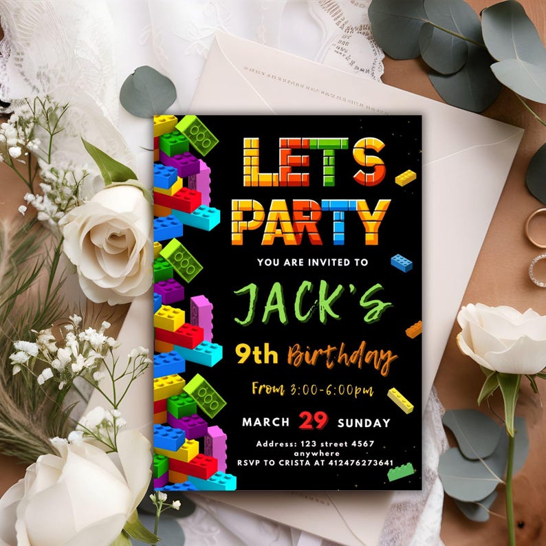 Editable Building Blocks Birthday Invitation Template, Colorful Block ...