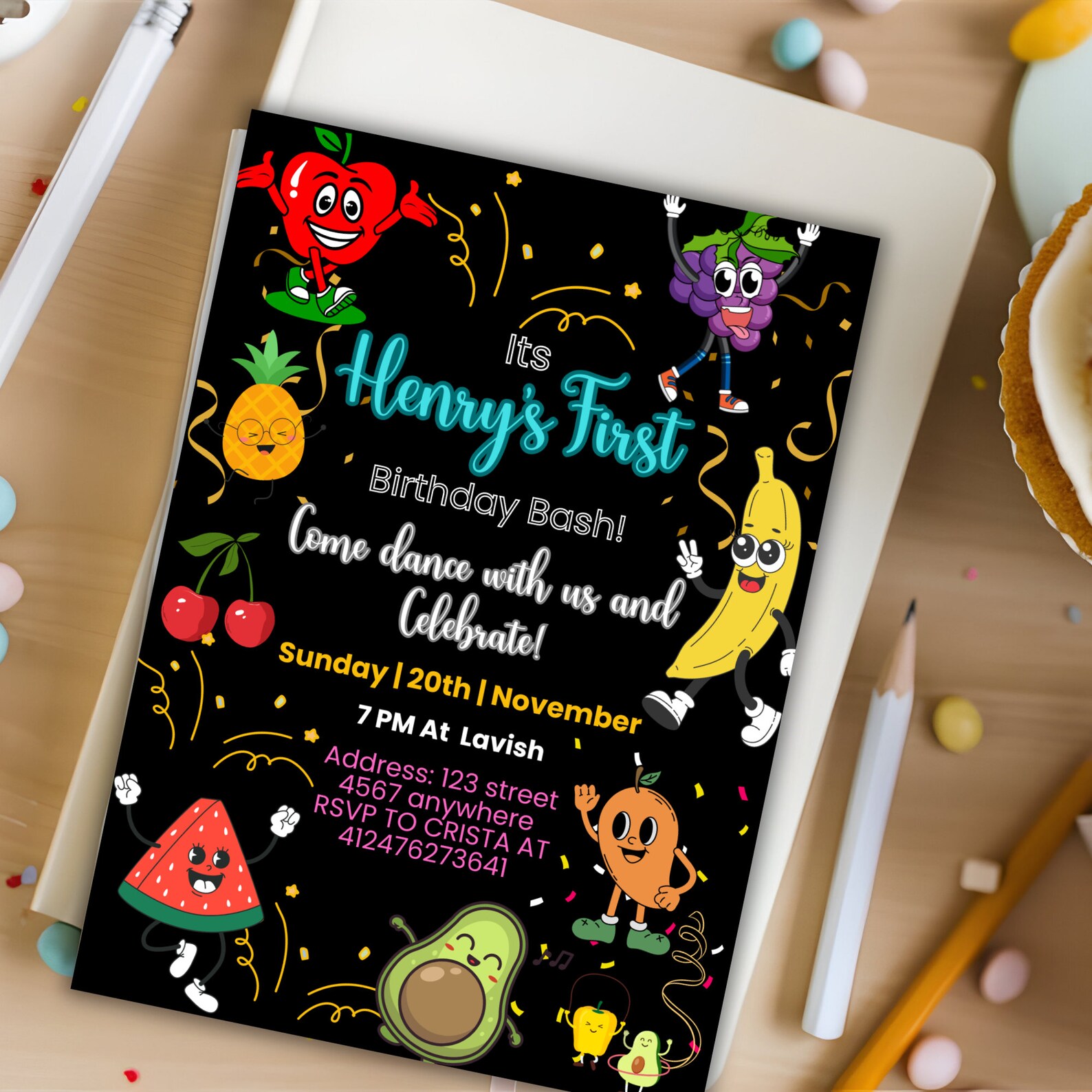Dancing Fruit Birthday Invitation, Sensory Invitation, Kawaii Party ...