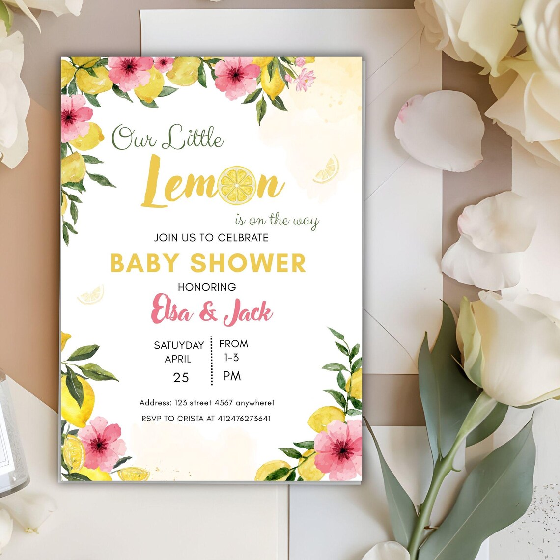 Pink and Yellow Lemon Baby Shower Invitation, Editable Summer Citrus ...