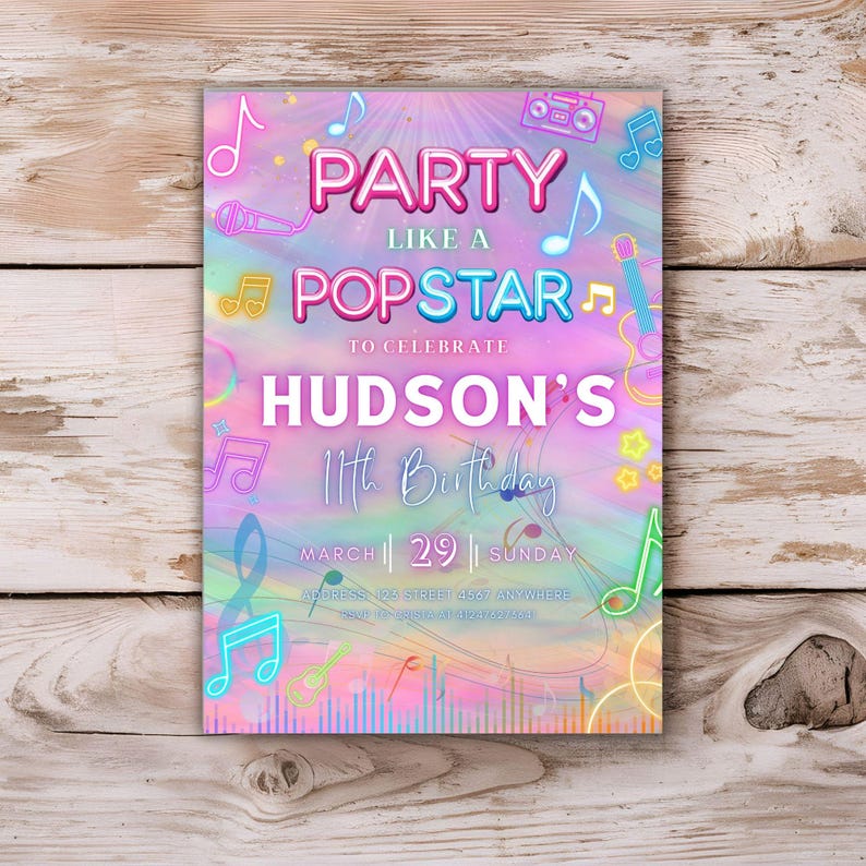 Editable Pop Star Birthday Party Invitation, Glow Singing Music Party ...