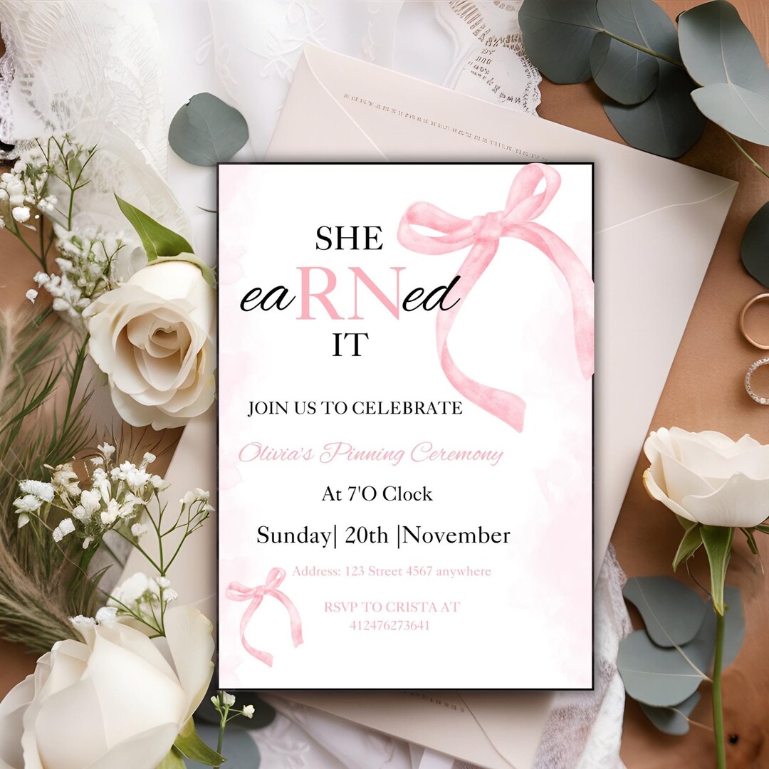 Nursing Graduation Invitation, Pink Bow RN Grad Announcement Nurse ...