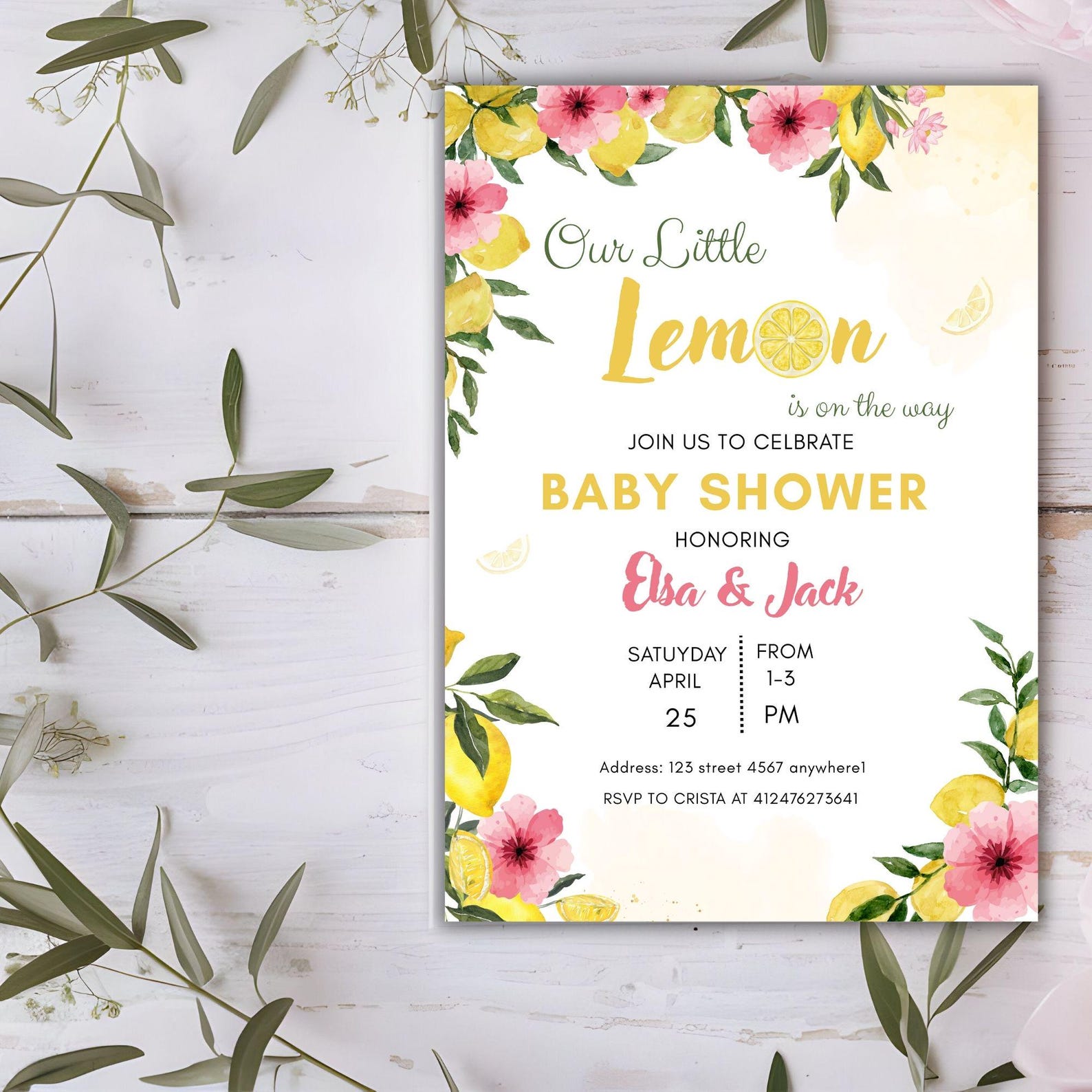 Pink and Yellow Lemon Baby Shower Invitation, Editable Summer Citrus ...