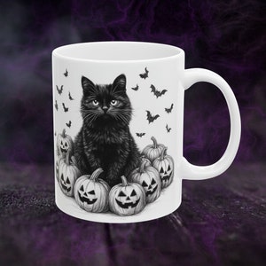 Halloween Black Cat and Bats Pumpkin Mug, Halloween Gift, Spooky Coffee ...