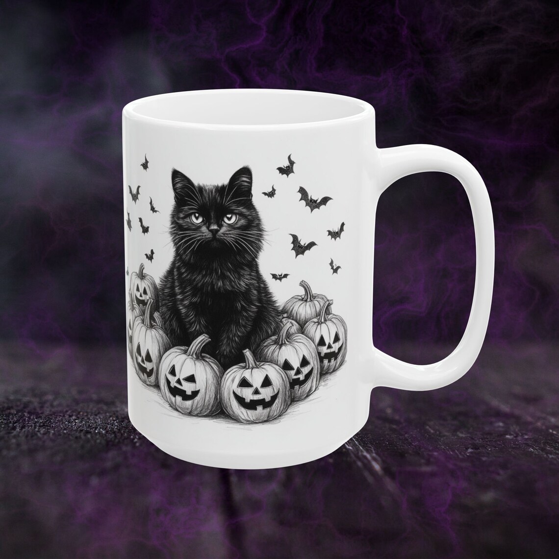 Halloween Black Cat and Bats Pumpkin Mug, Halloween Gift, Spooky Coffee ...