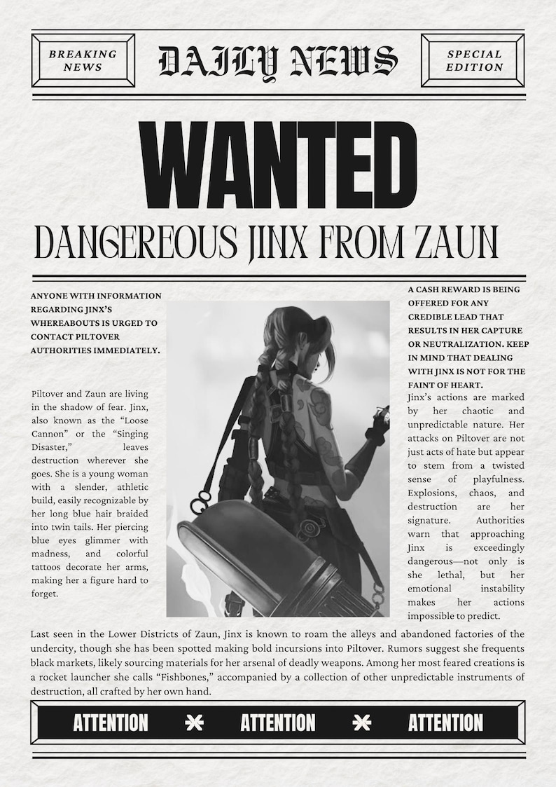 Jinx Wanted Poster Wall Art Arcane League of Legends Digital ENG/PL - Etsy