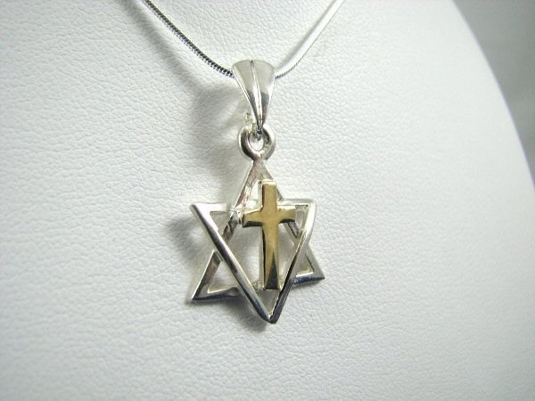 Messianic Star of David With Cross Necklace 14K Gold and Sterling ...